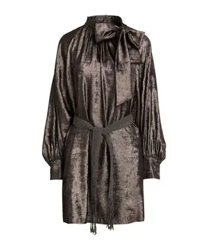 Max Mara Metallic Long Sleeve Bow Neckline Dress With Belt