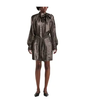 Max Mara Metallic Long Sleeve Bow Neckline Dress With Belt