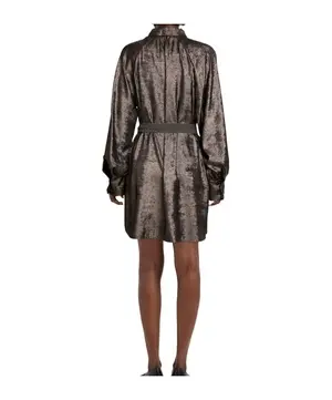Max Mara Metallic Long Sleeve Bow Neckline Dress With Belt