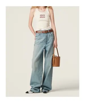 Miu Miu Ribbed Jersey Tank Top With Embroidered Logo - Nude
