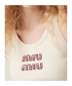 Miu Miu Ribbed Jersey Tank Top With Embroidered Logo - Nude