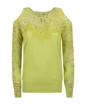 Ermanno Scervino Off-shoulder Floral Lace Knitted Top - Green
