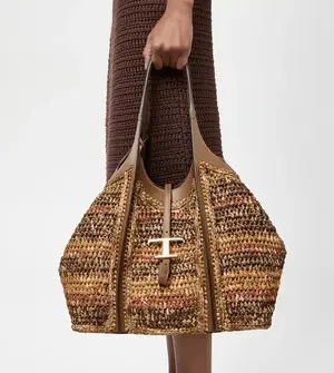 TOD'S T Timeless Shopping Bag In Leather And Raffia Medium