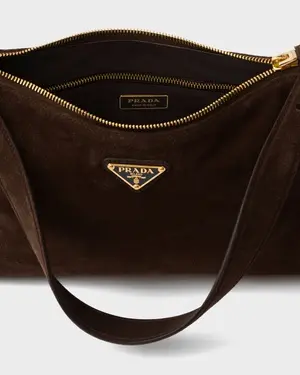 Prada Aimée Medium Suede Shoulder Bag - Dark Brown