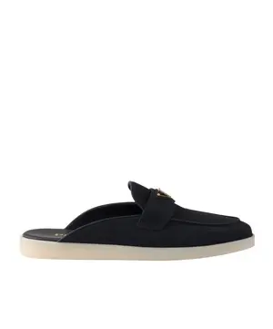 Prada Nubuck Mules With Enameled Triangle Logo - Navy Blue