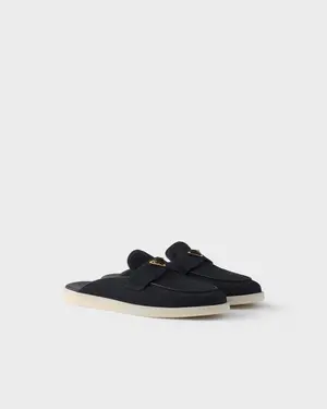 Prada Nubuck Mules With Enameled Triangle Logo - Navy Blue