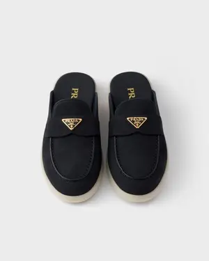 Prada Nubuck Mules With Enameled Triangle Logo - Navy Blue