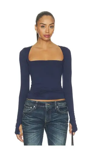 AFRM Ines Knit Crepe Top In Navy