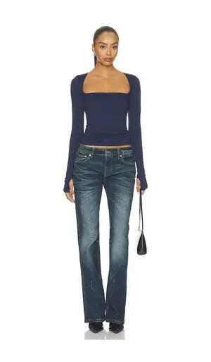 AFRM Ines Knit Crepe Top In Navy