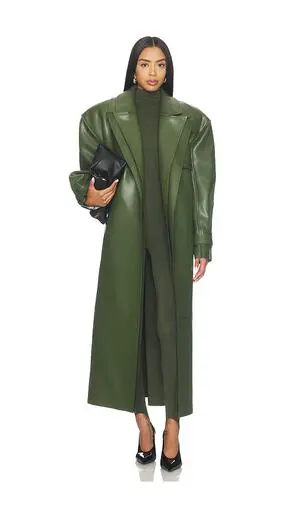 Naked Wardrobe Double Collar Faux Leather Trench Coat In Olive
