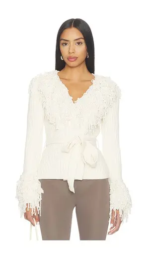 Naked Wardrobe Knit Fringe V-neck Cardigan In Beige - Bone