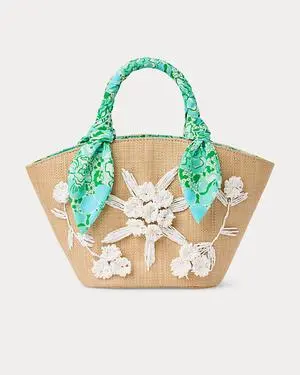 Lilly Pulitzer® Panama Straw Tote Bag With Floral Embroidery And Printed Scarf Handles