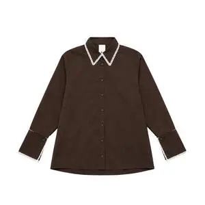 ALAS Name Cotton Poplin Oversized Shirt With Lace Trim - Brown