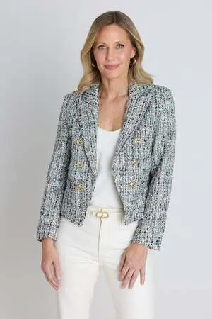 THE NOLI SHOP Gabrielle Double Breasted Tweed Blazer Teal Multi
