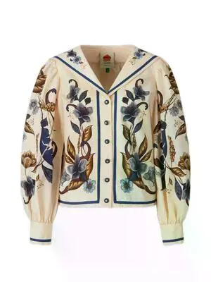 Farm Rio Floral-print Sailor-collar Shirt - Neutrals