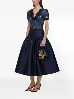 SELF-PORTRAIT Navy Taffeta Midi Skirt - Blue