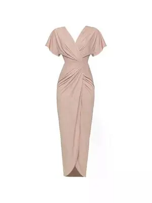 NISSA V-neck Draped Midi Dress - Neutrals