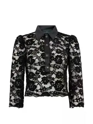 John Richmond Floral Lace Polo Top - Black