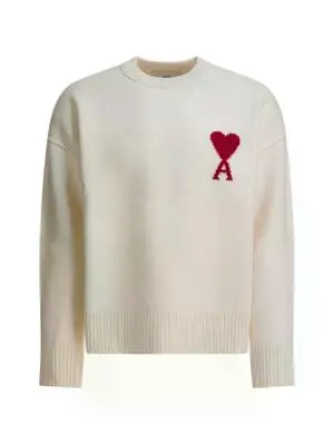 AMI Paris Natural Crewneck Wool Sweater With De Coeur - Neutrals