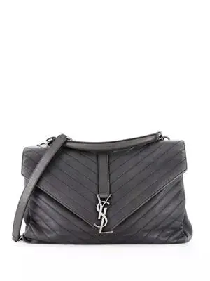 Saint Laurent Classic Monogram College Bag Matelasse Chevron Leather Large Shoulder Bag - Grey