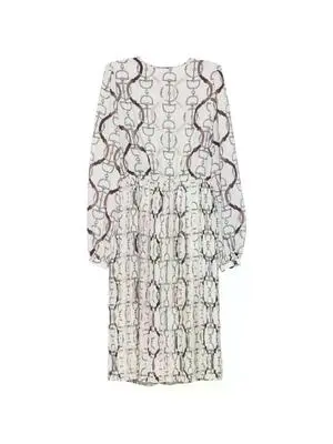 Eleventy Horsebit-print Pleated Midi Dress - Neutrals