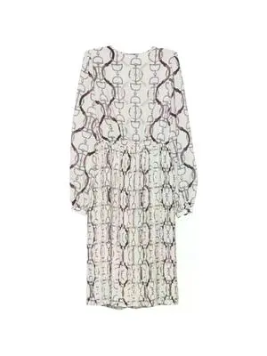 Eleventy Horsebit Print Pleated Midi Dress - Neutrals
