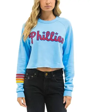 Aviator Nation Rugby Stitch Graphic Cropped Crewneck Sweatshirt - Sky
