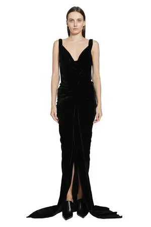 Rick Owens Velvet Maxi Dress With Deep V-neckline And Gathered Detailing