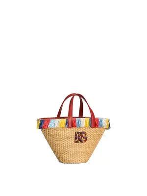 Dolce & Gabbana Raffia Coffa Bag With Embroidered Patch And Fringed Trim