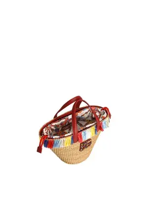 Dolce & Gabbana Raffia Coffa Bag With Embroidered Patch And Fringed Trim