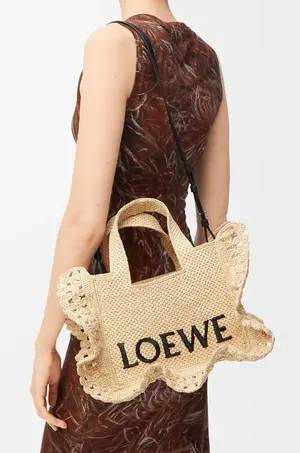 Loewe Small Font Tote In Raffia - Natural Color