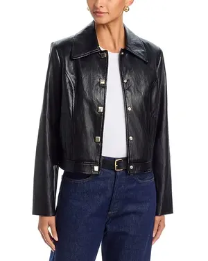 T Tahari Faux Leather Snap Front Jacket - Black