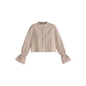 PAISIE Neutrals Ruffle Round Neck Blouse With Cinch Wrist Detail In Stripes - Beige