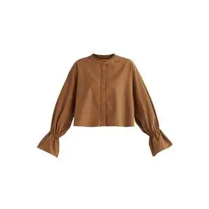 PAISIE Ruffle Round Neck Blouse With Cinch Wrist Detail - Brown