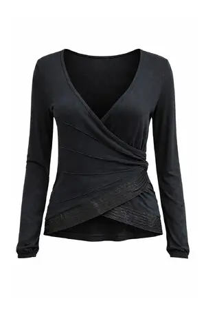 CONQUISTA Elegant Wrap-front Long Sleeve Top - Black