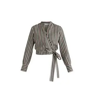 PAISIE Split Collarless Wrap Top With Side-tie Waist In Stripes - Black