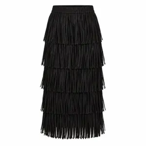 TRAFFIC PEOPLE Tiered Fringe Midi Skirt - Black