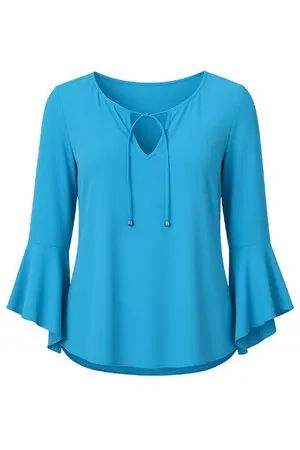 CONQUISTA Elegant Turquoise Blouse With Tie-neck Detail & Flared Sleeves — Sophisticated Style For Work Or Evening - Blue