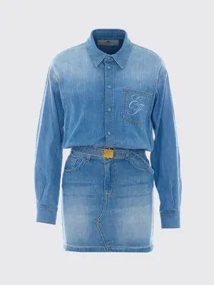 Elisabetta Franchi Denim Shirt Dress With Embossed Logo