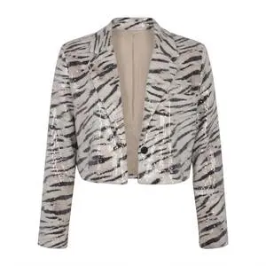 MODENAIRE Black / White Leopard Print Sequin Cropped Jacket With Button Front