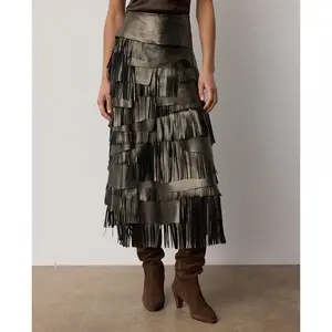 Ralph Lauren Belinda Metallic Lambskin Tiered Fringe Skirt