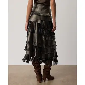 Ralph Lauren Belinda Metallic Lambskin Tiered Fringe Skirt