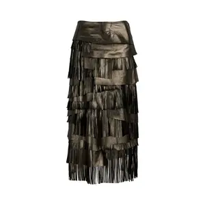 Ralph Lauren Belinda Metallic Lambskin Tiered Fringe Skirt