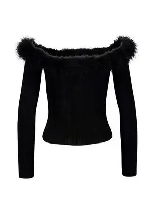 Gucci Ribbed Knit Off-shoulder Sweater With Feather Trim