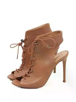 GIANVITO ROSSI Beige Leather Cut-out Lace-up Stiletto Booties