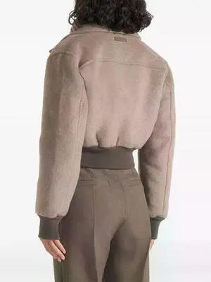 Manière De Voir Taupe Wool Cropped Bomber Jacket With Wide Lapels