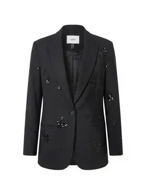 NISSA Sequin Embellished Floral Appliqué Blazer - Black