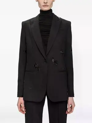 NISSA Sequin Embellished Floral Appliqué Blazer - Black