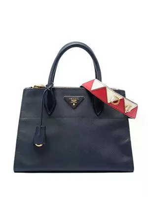 Prada 2010-2026 City Calf Trimmed Saffiano Greche Paradigme Bag Satchel - Blue