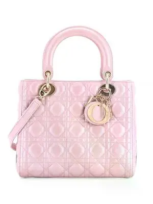 Dior Lady Bag Cannage Quilt Metallic Leather Medium Satchel - Pink